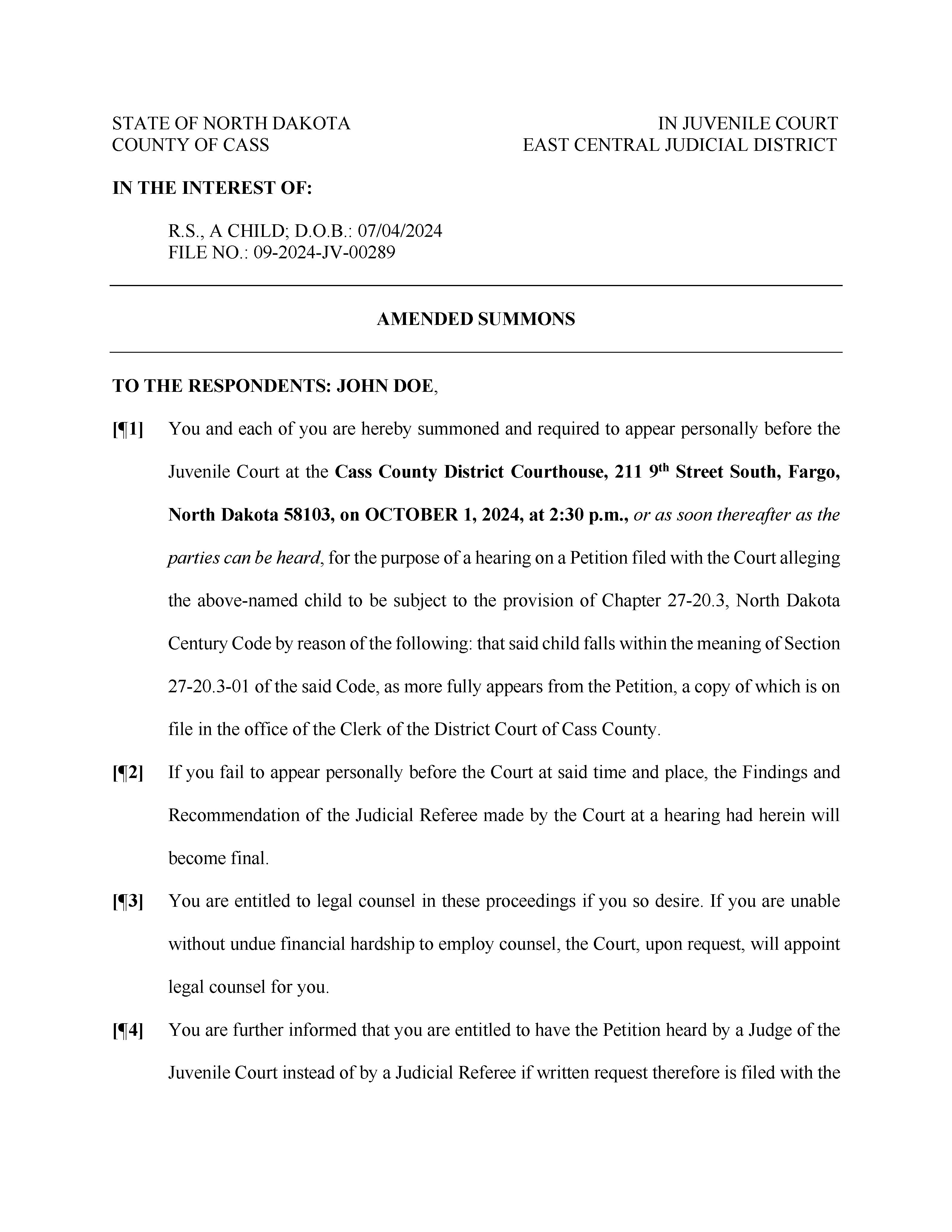 North Dakota Court System - Notice to Absent Party - Cass County - Doe ...