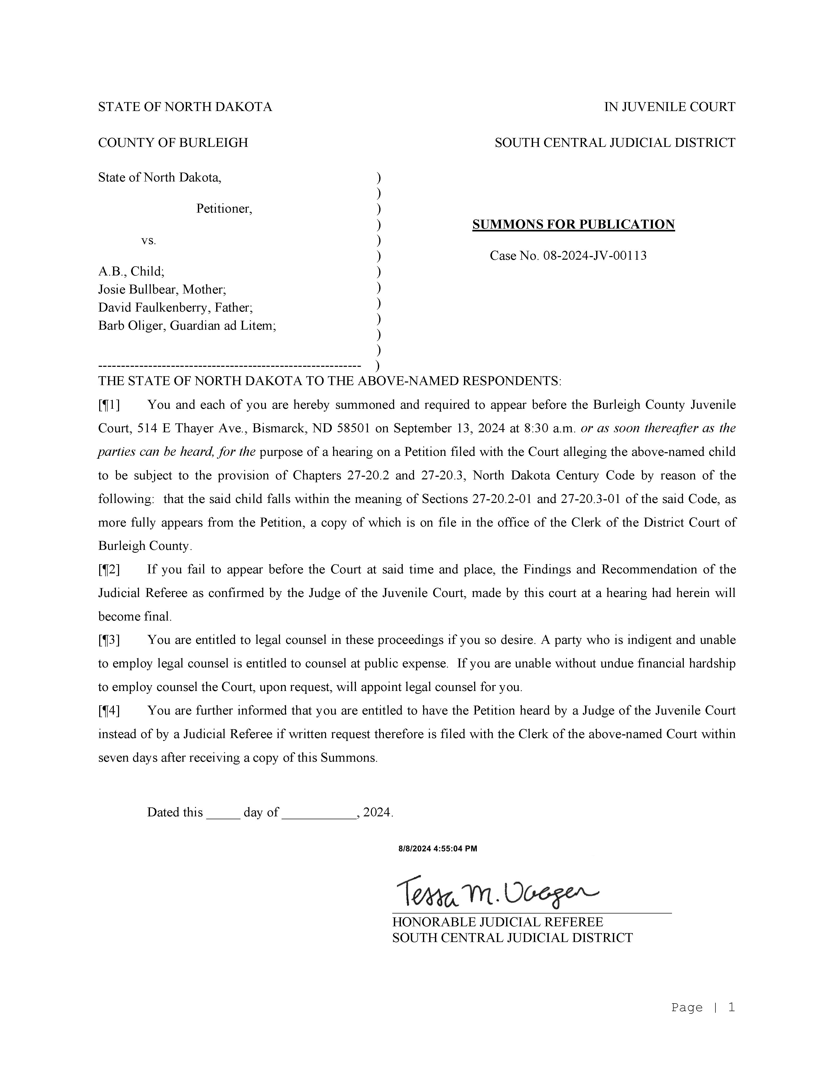 North Dakota Court System - Notice to Absent Party - Burleigh County ...