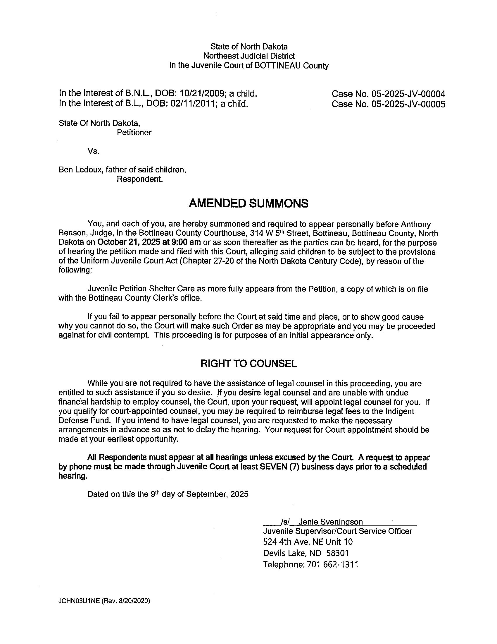 North Dakota Court System - Notice to Absent Party - Bottineau County ...