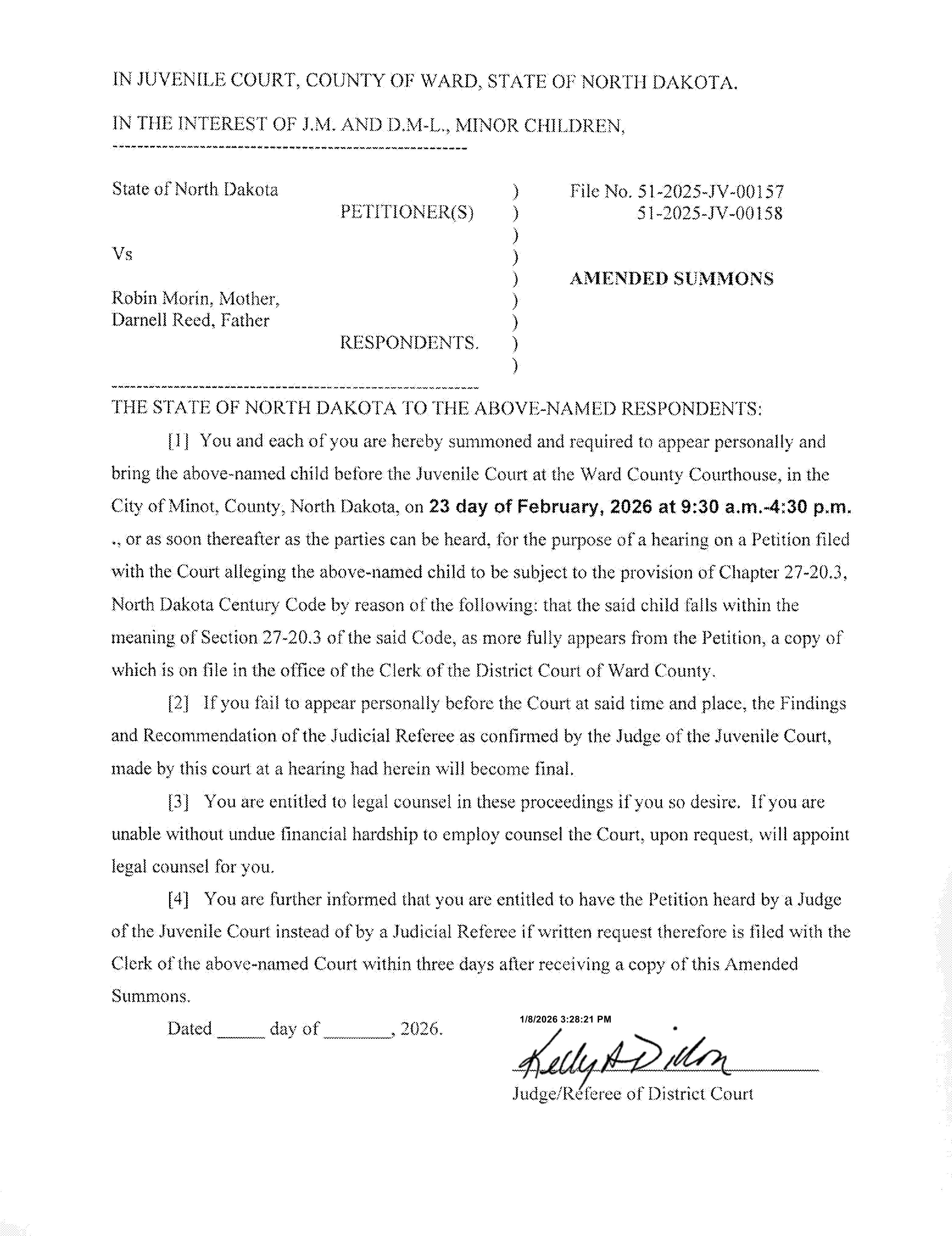 North Dakota Court System - Notice to Absent Party - Ward County - Reed ...